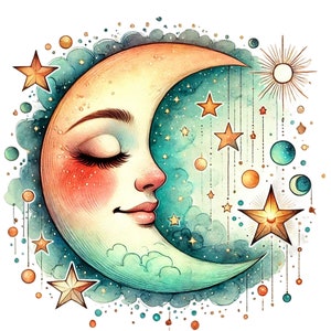 25 JPG Watercolor Boho Moon Clipart Bundle, Watercolor Mystical Floral Moons Clipart, Moons Boho ...