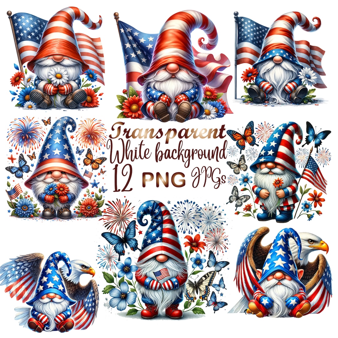 12 PNG and JPG, Patriotic Gnome Clipart Bundle. American Pride, 4th of ...