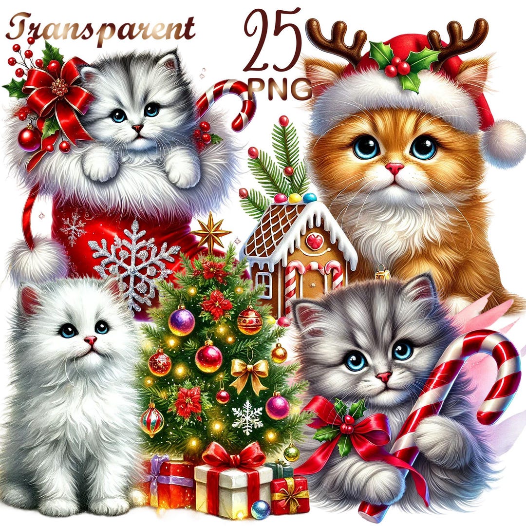 25 PNG Christmas Kitten Clipart Bundle, Set 5, Cute Christmas Cats ...