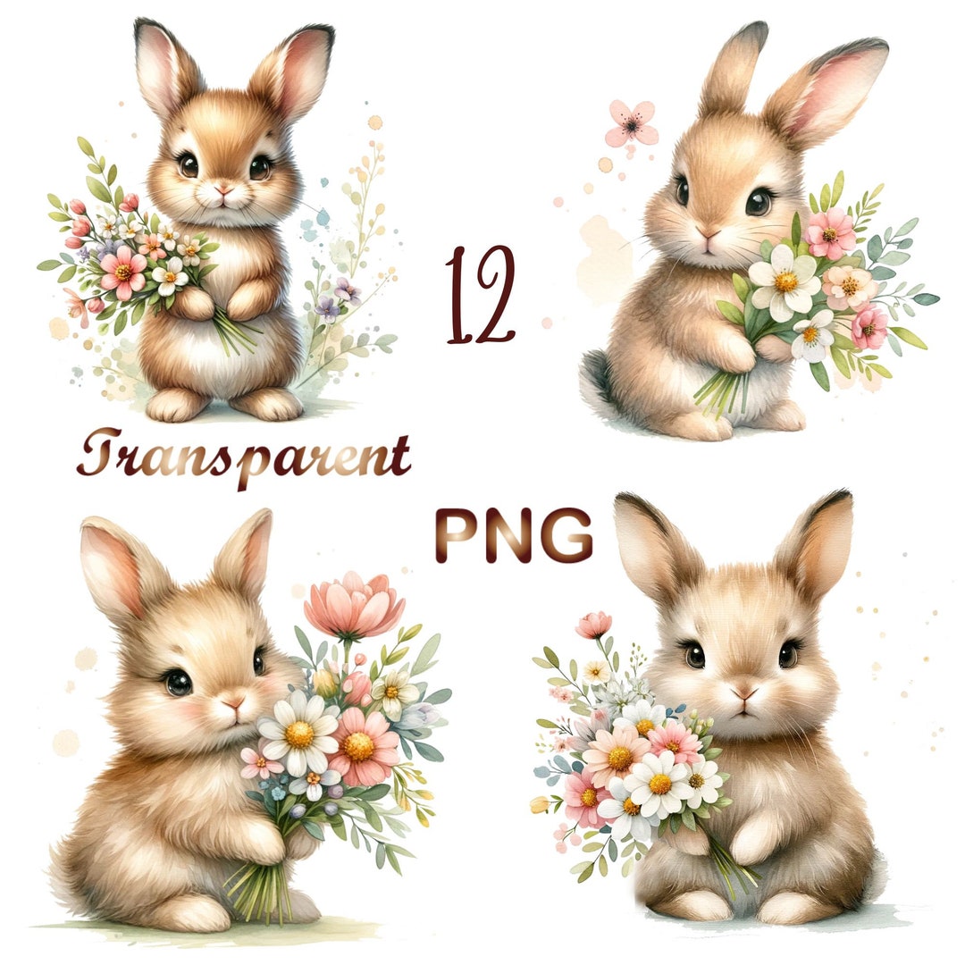 12 PNG/JPG, Watercolor Pastel Rabbit Clipart, Bunnies PNG, Floral Bunny ...