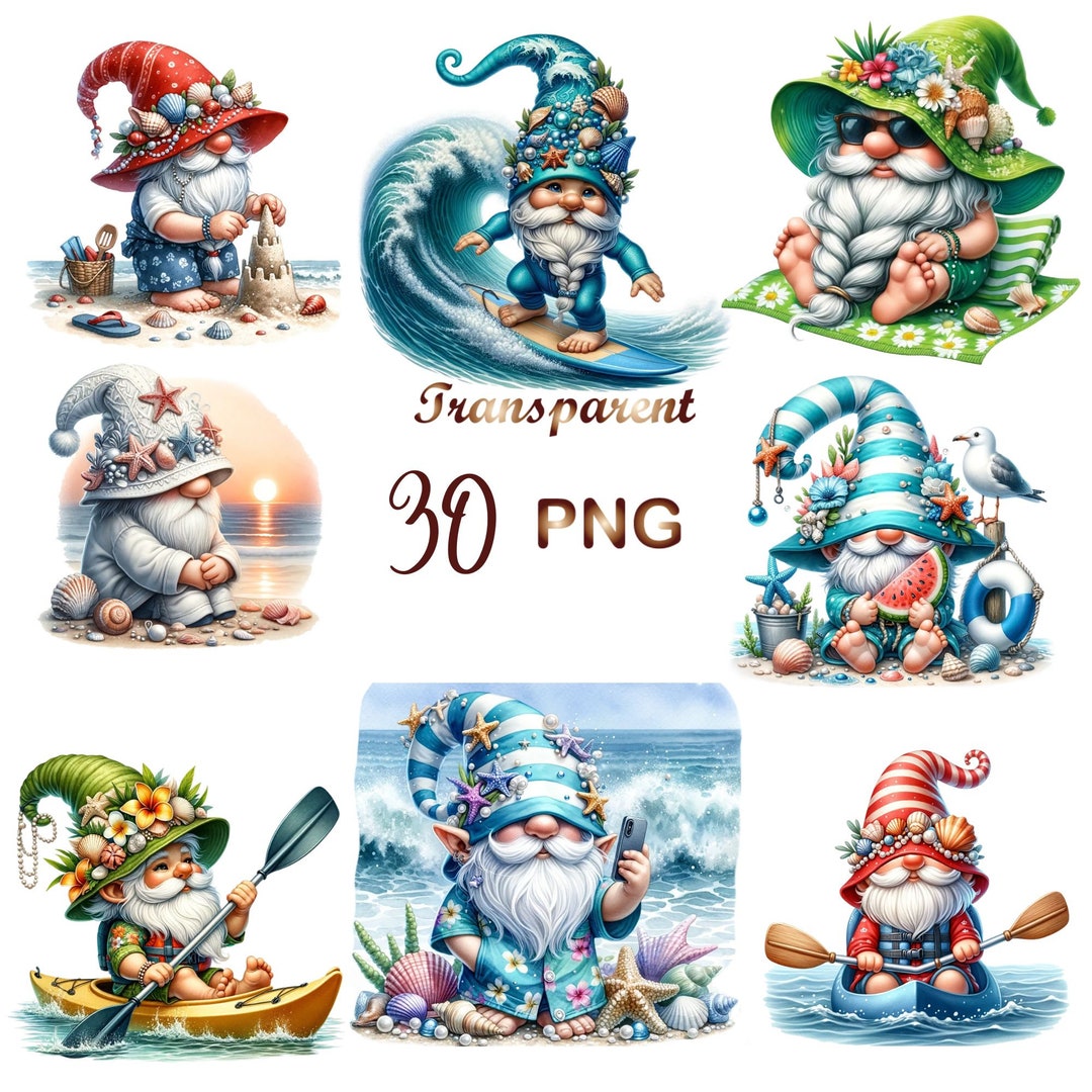 30 PNG Watercolor Summer Beach Gnome Clipart Bundle, Gnome Clipart ...