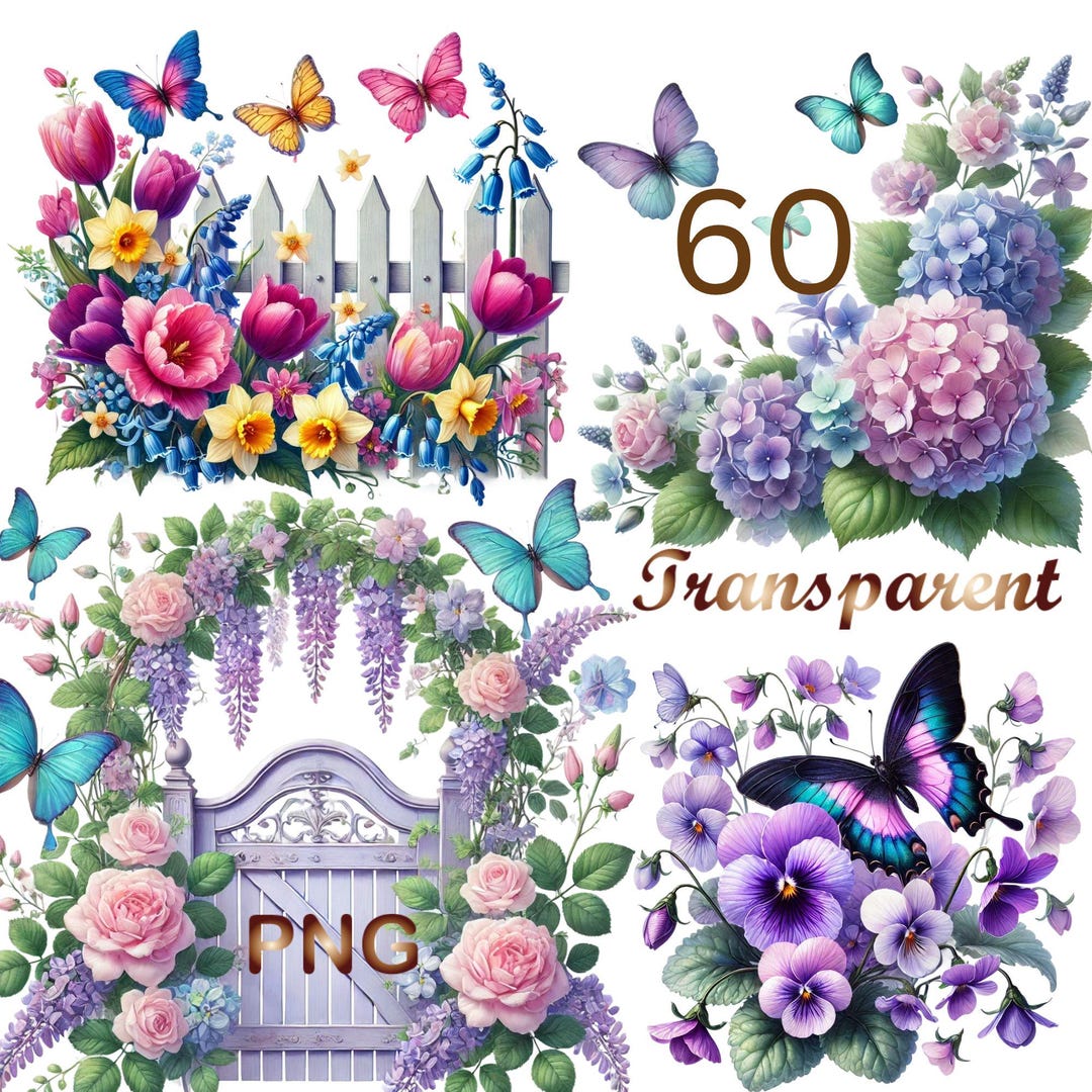 60 PNG Butterfly Gardens Clipart Bundle Set 2, Butterfly Wildflowers ...