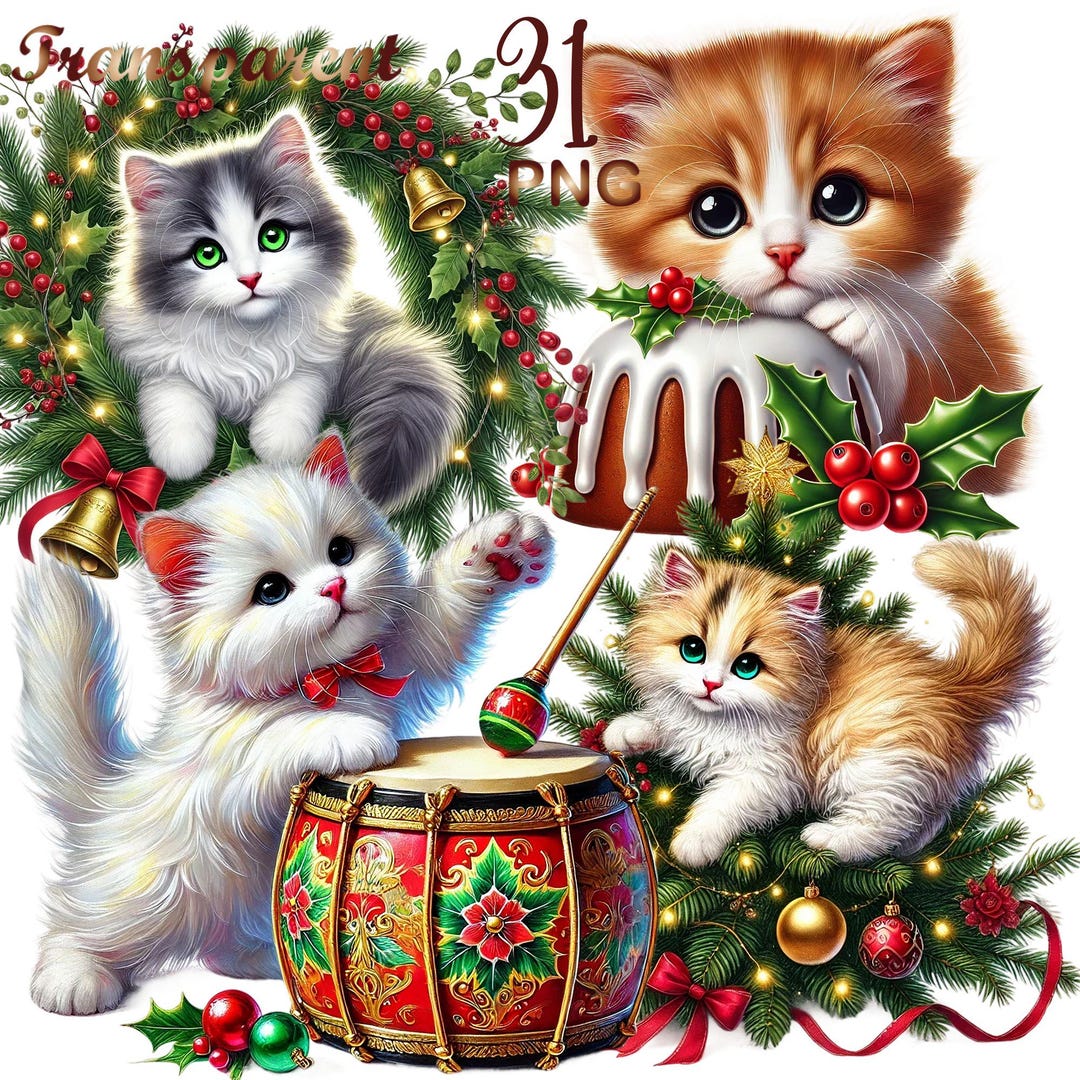 31 PNG Christmas Kitten Clipart Bundle, Set 7, Cute Christmas Cats ...
