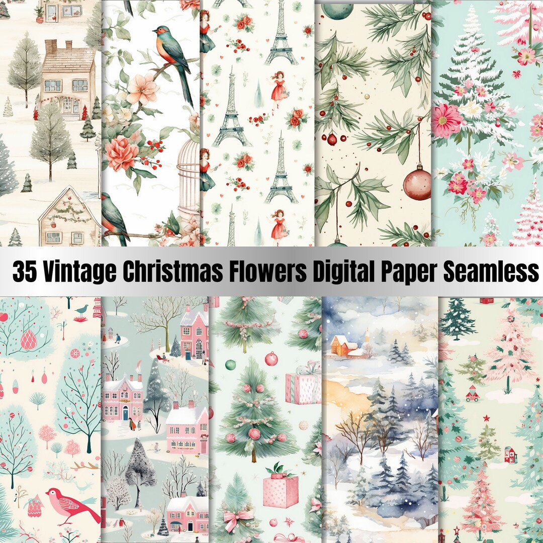 35 Seamless Winter Vintage Pastel Digital Paper, Xmas Vintage ...