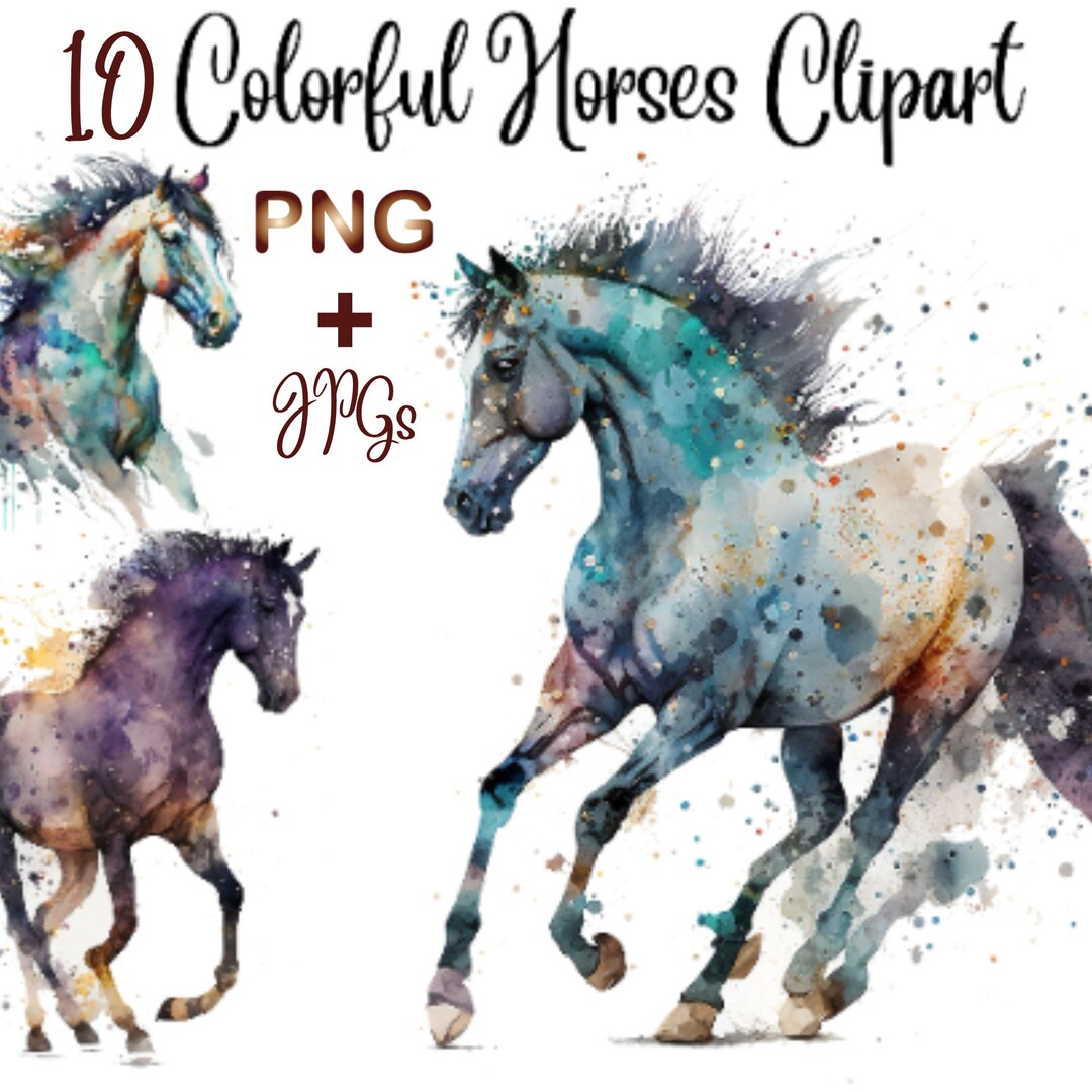 10 Colorful Horses Clipart, JPG & PNG, Commercial Use,digital Download ...
