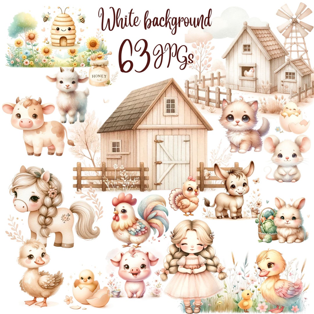 63 Jpgs, Watercolor Farm Animals Clipart Bundle, Cute Farm Clipart ...