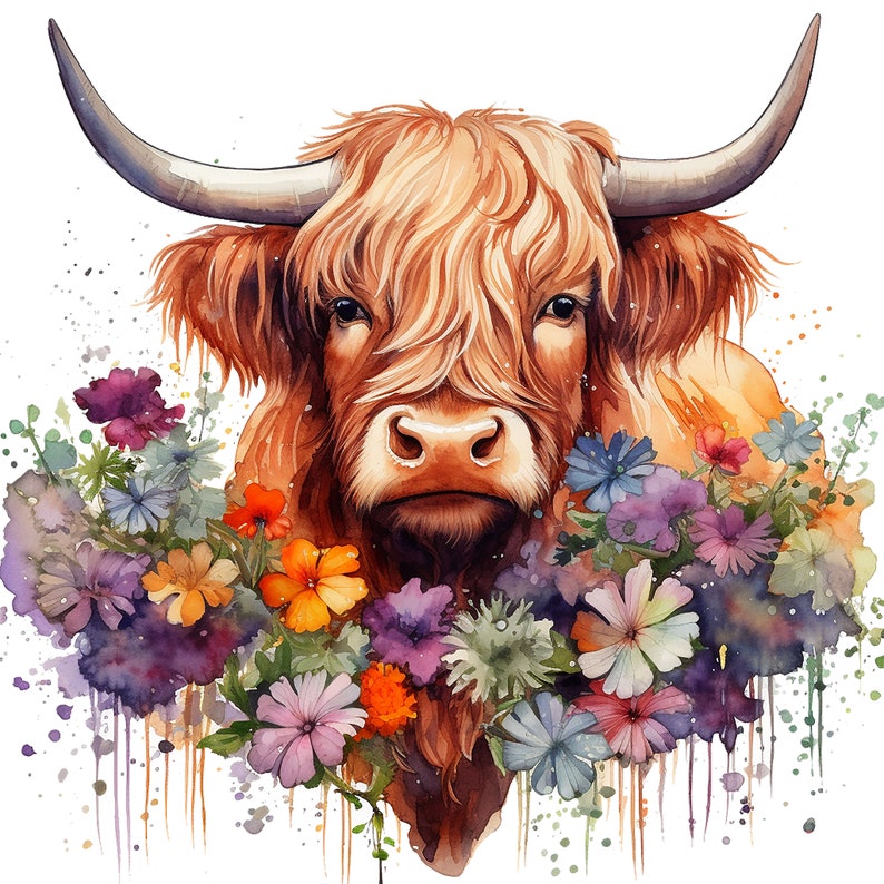 13 Spring Floral Highland Cow Bundle PNG, Highland Cow Clipart PNG ...