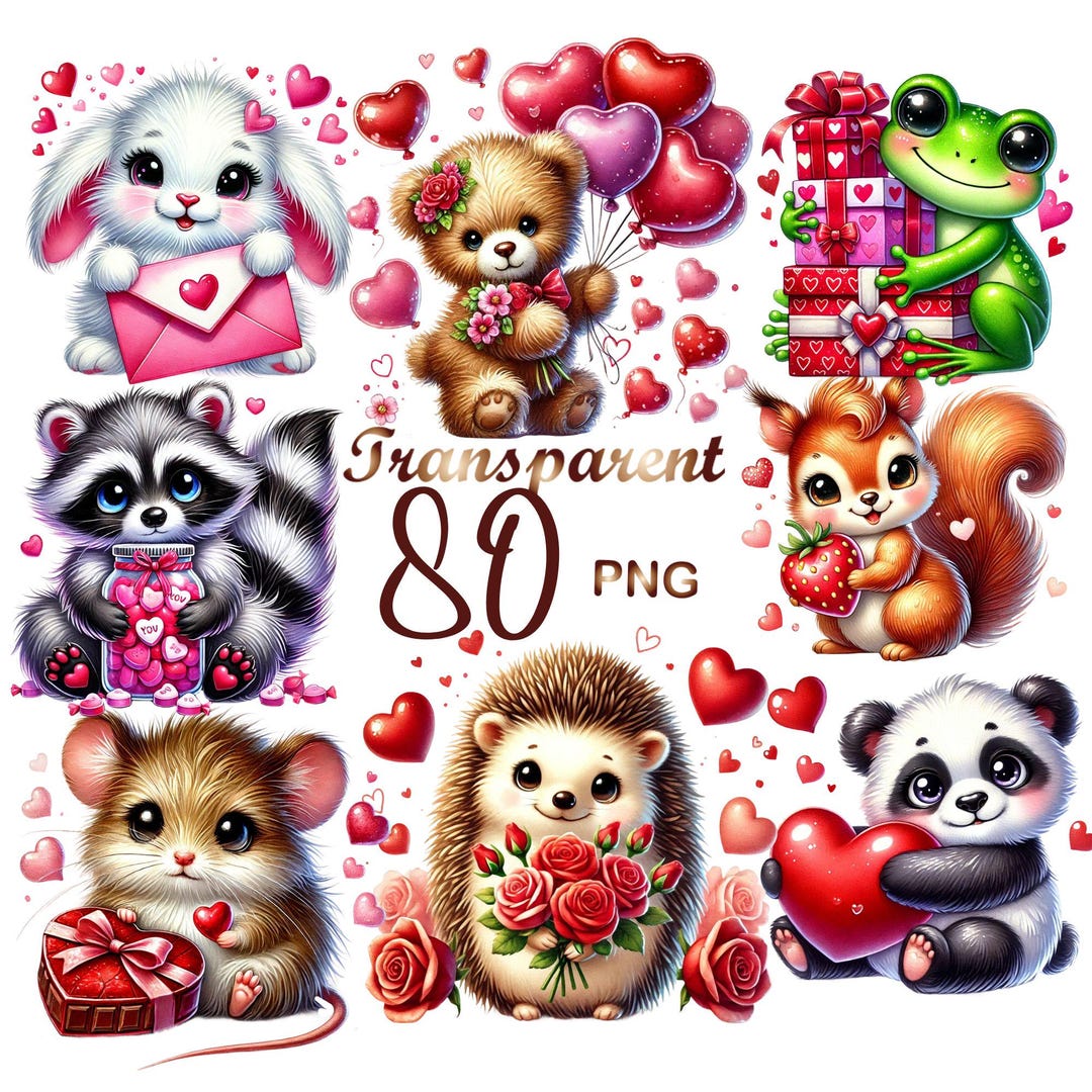 Valentine Animals Clipart Set - 80 PNG | Cute Watercolor Animals With ...