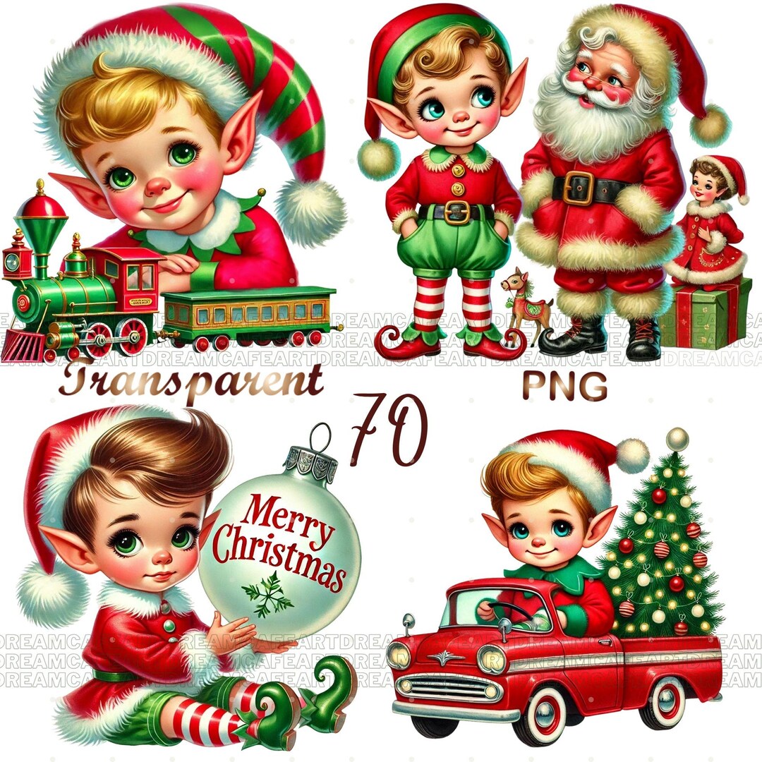 70 PNG Retro Christmas Elf Clipart Set – Watercolor Vintage Holiday ...