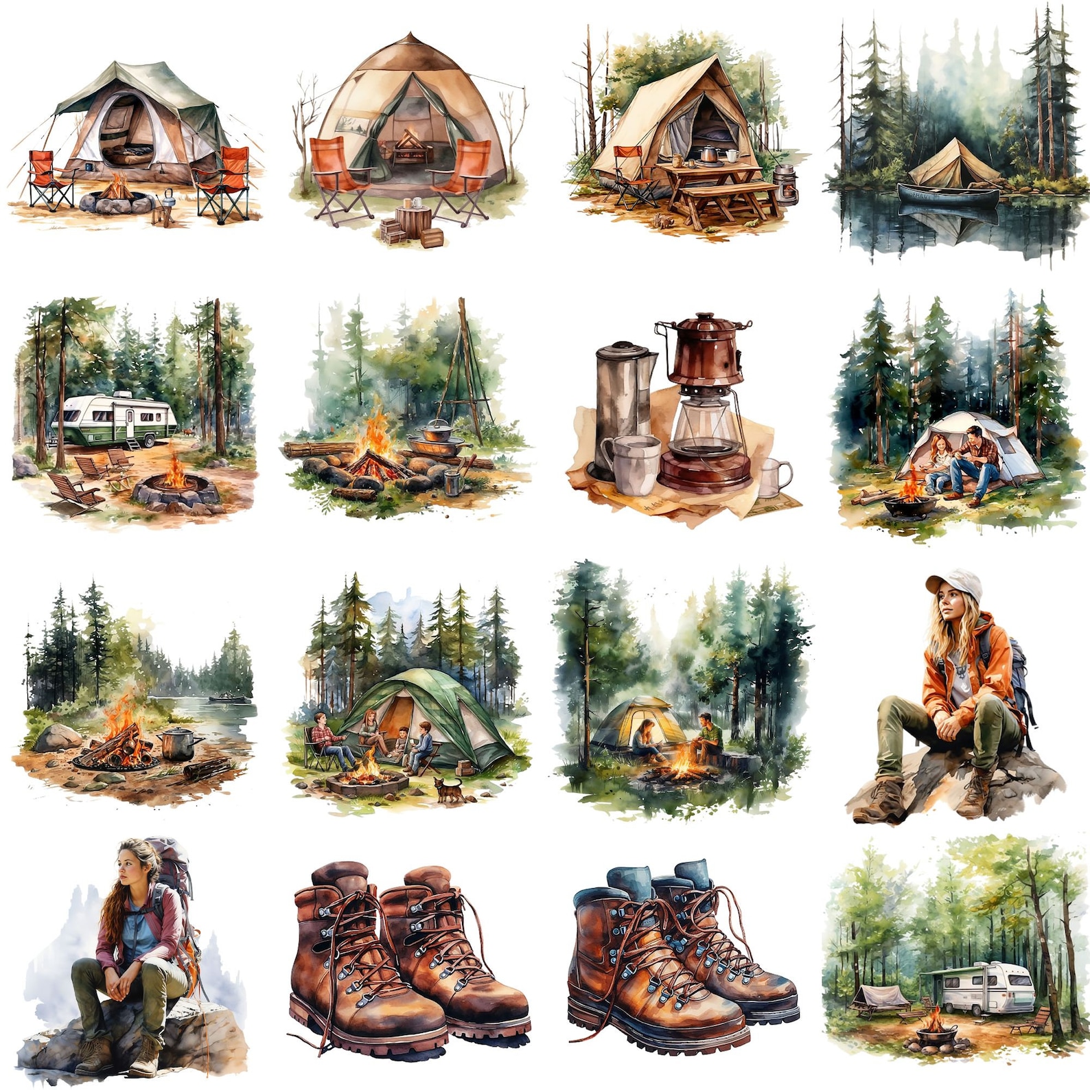 60 PNG Watercolor Camping Clipart,tent, Campfire, Lantern, Backpack ...