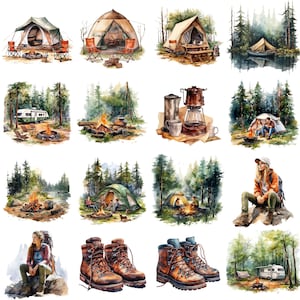 60 PNG Watercolor Camping Clipart,tent, Campfire, Lantern, Backpack ...