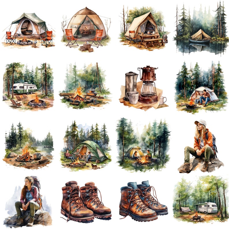 60 PNG Watercolor Camping Clipart,tent, Campfire, Lantern, Backpack ...