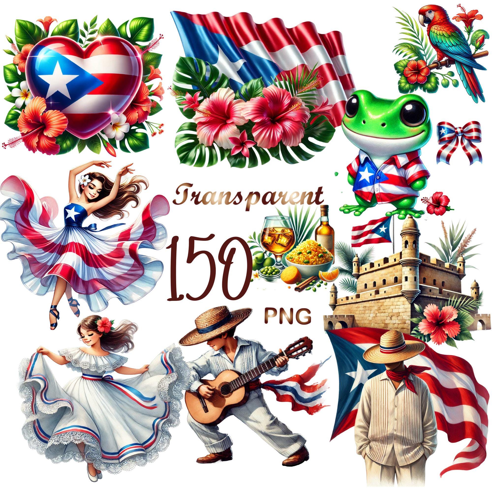 Puerto Rico Clipart Bundle Set 2, 150 PNG, Glossy Watercolor, Puerto ...