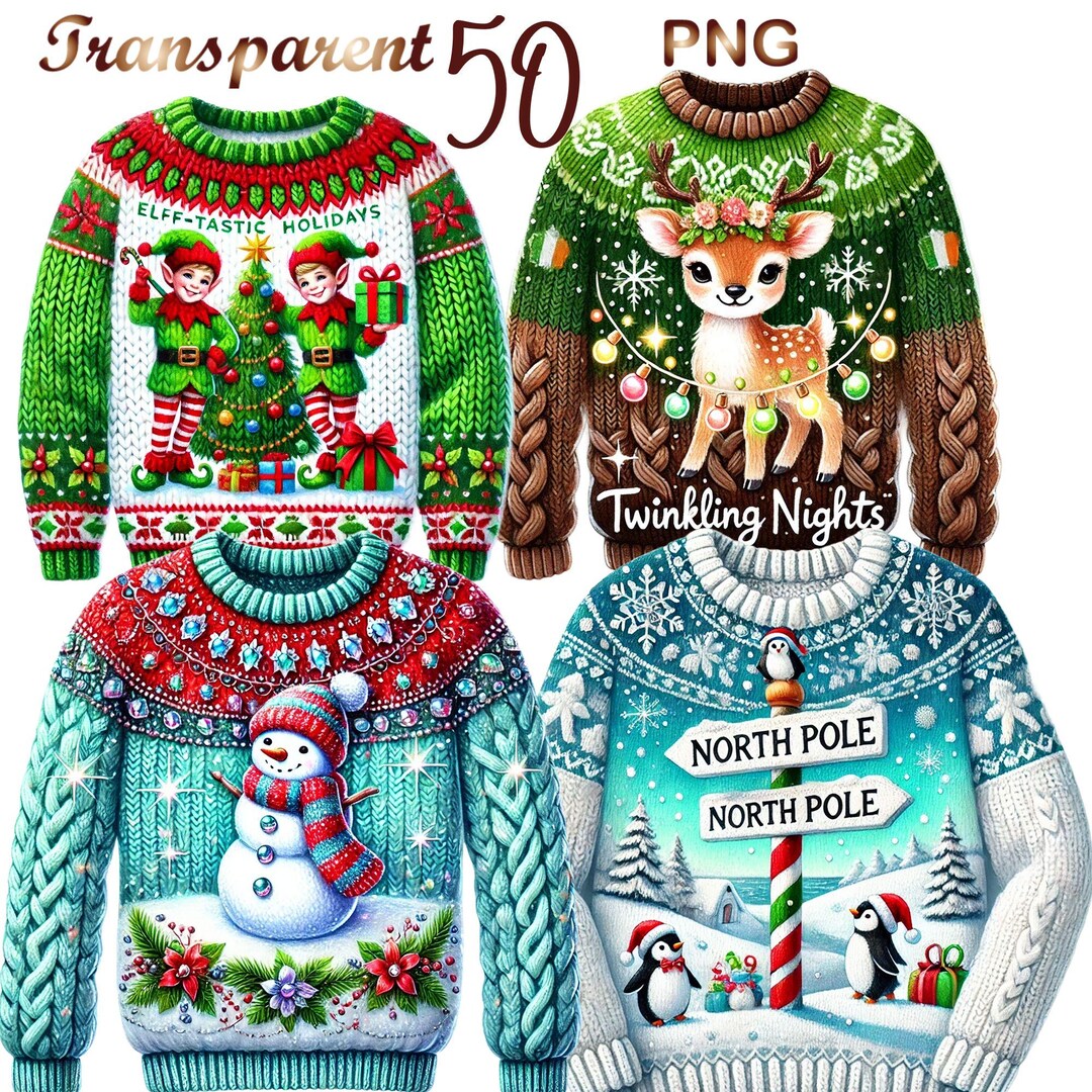 50 PNG, Festive Sweater Clipart Bundle, Set 1, Christmas Sweater ...