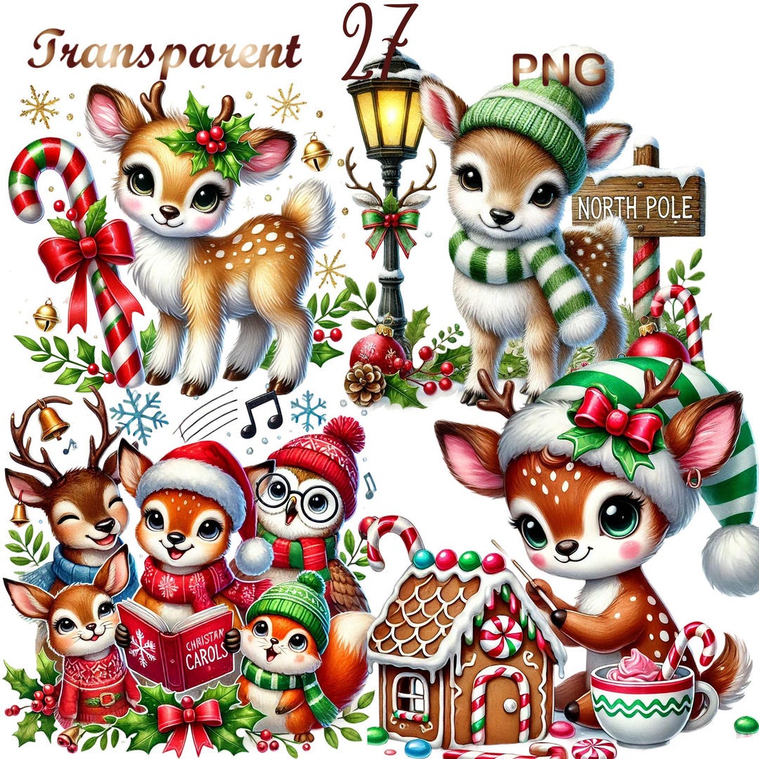 27 PNG Set 3 Christmas Reindeer Clipart Bundle, Festive Reindeer ...