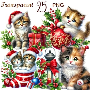 25 PNG Christmas Kitten Clipart Bundle, Set 4, Cute Christmas Cats ...