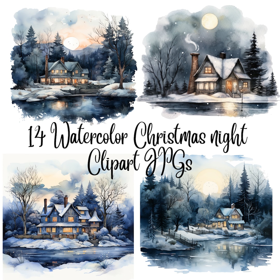 14 Watercolor Christmas Night Clipart Jpgs, Commercial Use,digital ...