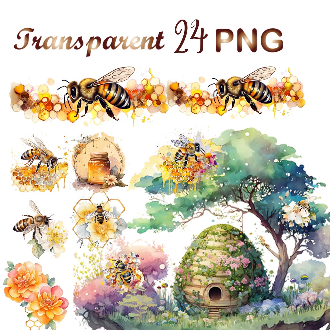 24 Png, Honey Bee Clipart Bundle, Bee Clipart, Watercolor Bee Clipart ...