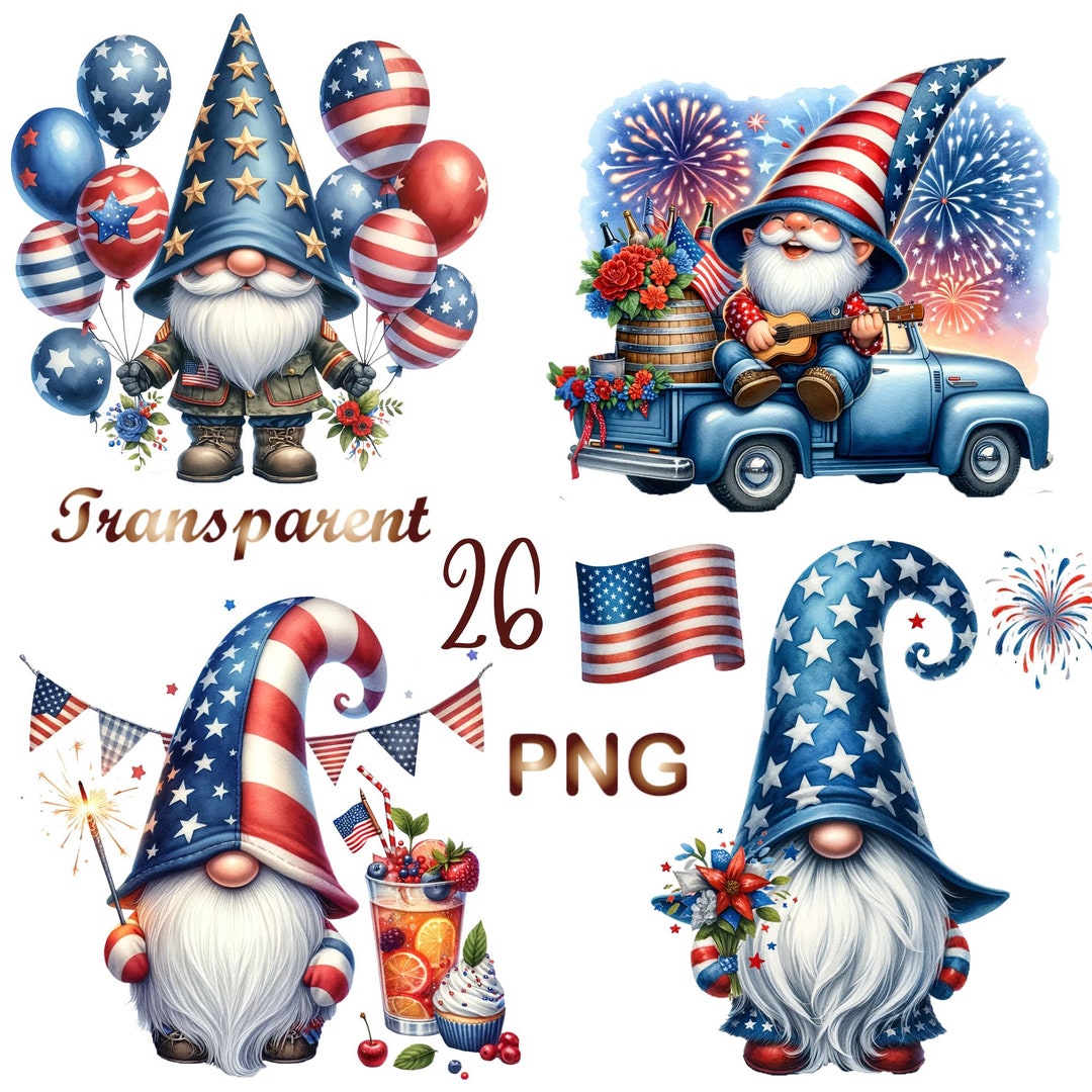 26 PNG, Patriotic Gnome Clipart Bundle. American Pride, 4th of July PNG ...