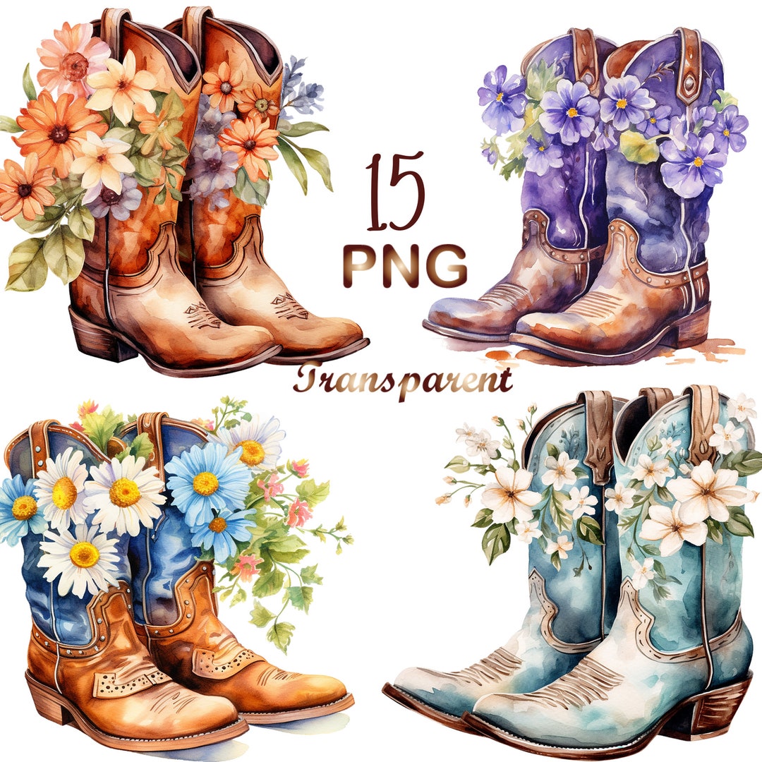 15 Cowgirl Boots Clipart PNG, Watercolor Cowboy Boots Clipart, Digital ...