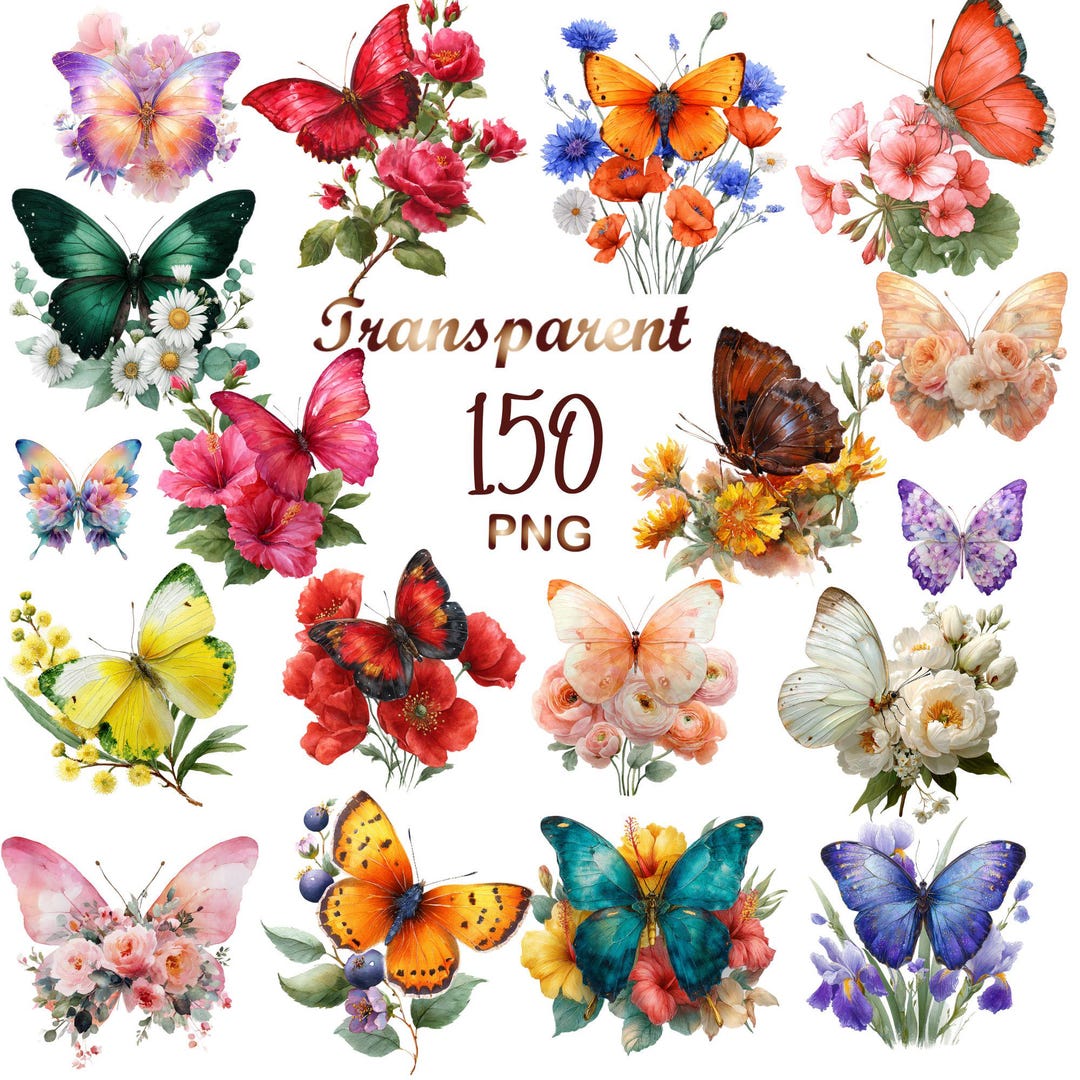 150 PNG Butterflies on Flowers Clipart Bundle – Fantasy Floral ...