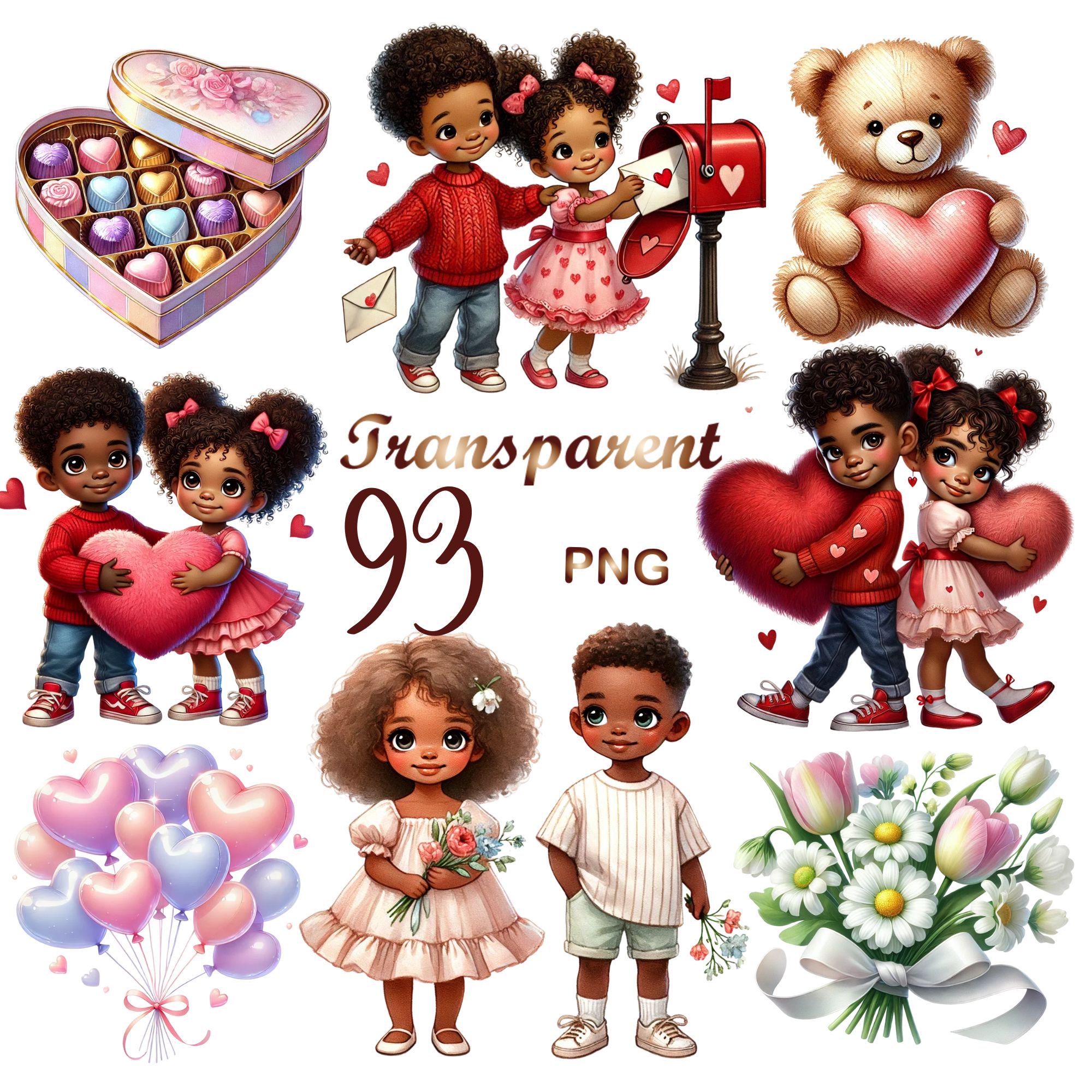Afro American Valentine Kids Clipart Bundle, 93 PNG Cute Boys and Girls ...