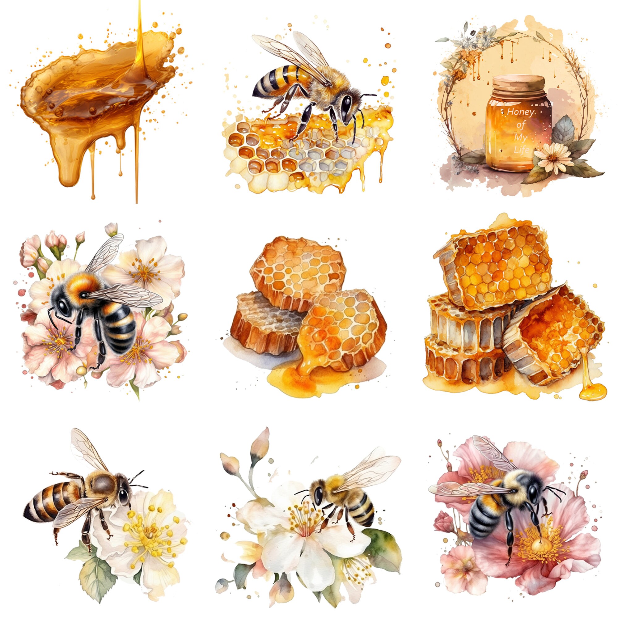 24 Png, Honey Bee Clipart Bundle, Bee Clipart, Watercolor Bee Clipart ...