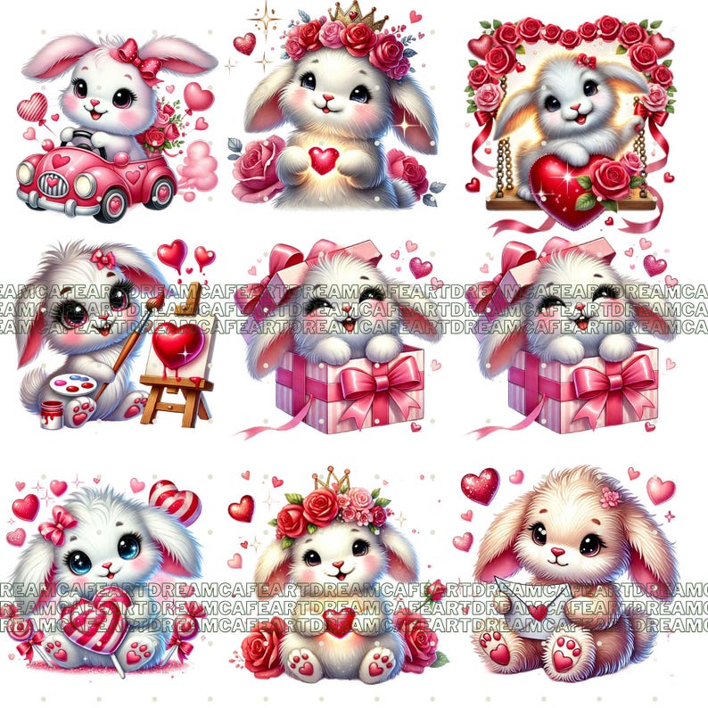 Valentine Bunny Clipart Bundle – 42 Cute Pngs Rabbits, Hearts, Roses ...