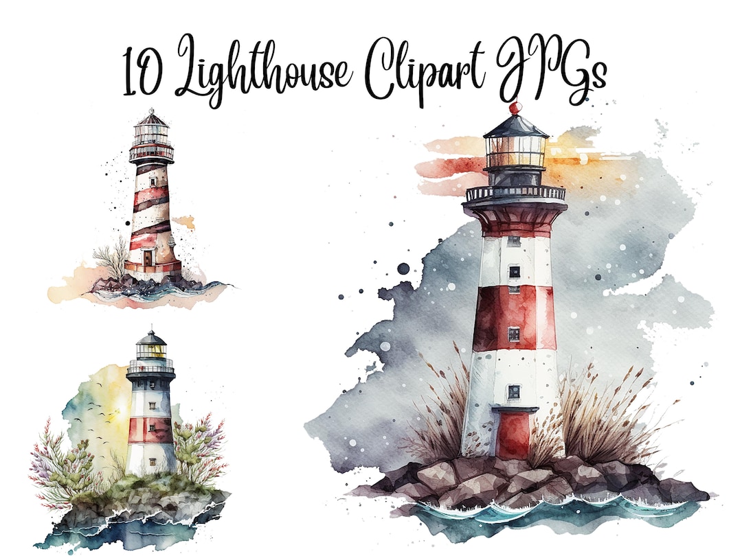 10 Cute Lighthouse Clipart, Watercolor Clipart, Jpgs, Commercial Use ...