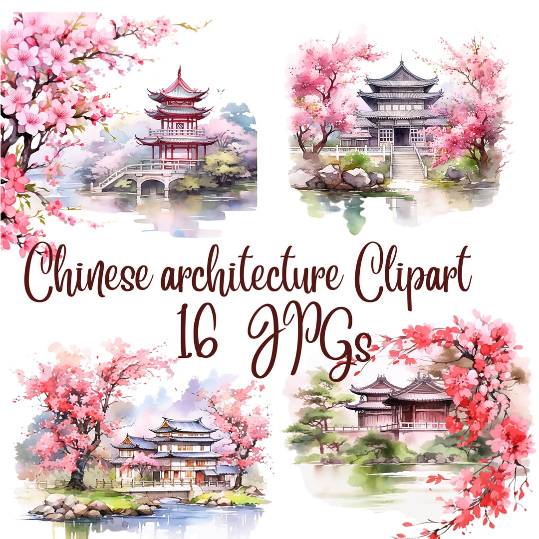 16 Watercolor Chinese Architecture Clipart Jpgs,commercial Use,digital ...