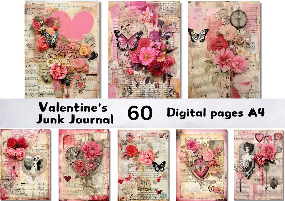 60 Old Valentine's Junk Journal Pages, Digital Scrapbook Paper Kit ...