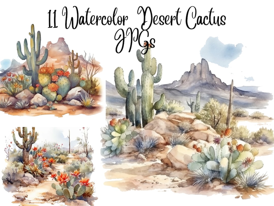11 Watercolor Desert Clipart, Cactus Clipart, Jpgs, Commercial Use ...