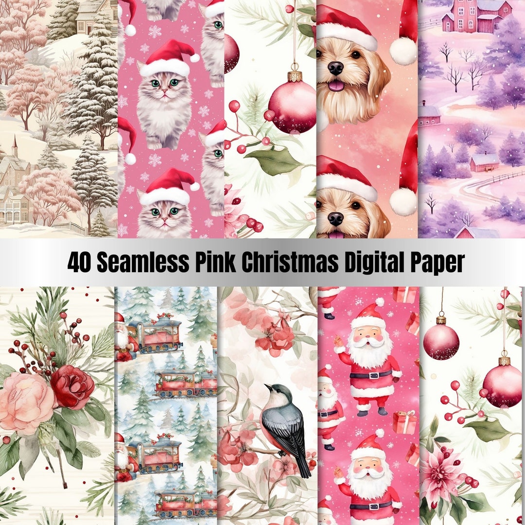 40 Printable Pink Christmas Digital Paper Seamless,fantasy Noel Xmas ...
