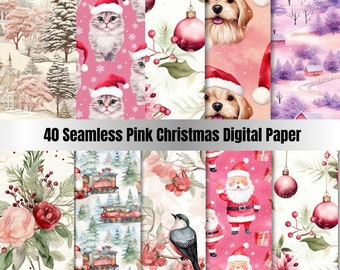 Printable Pink Christmas Digital Paper, Pastel Christmas Ephemera ...