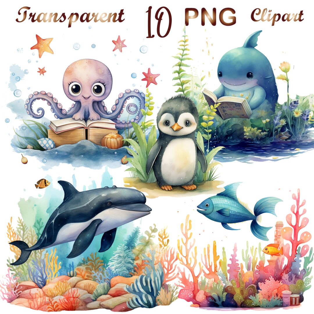 10 PNG Watercolor Sea Creatures Clipart, PNG, Sealife, Wall Art, Turtle ...