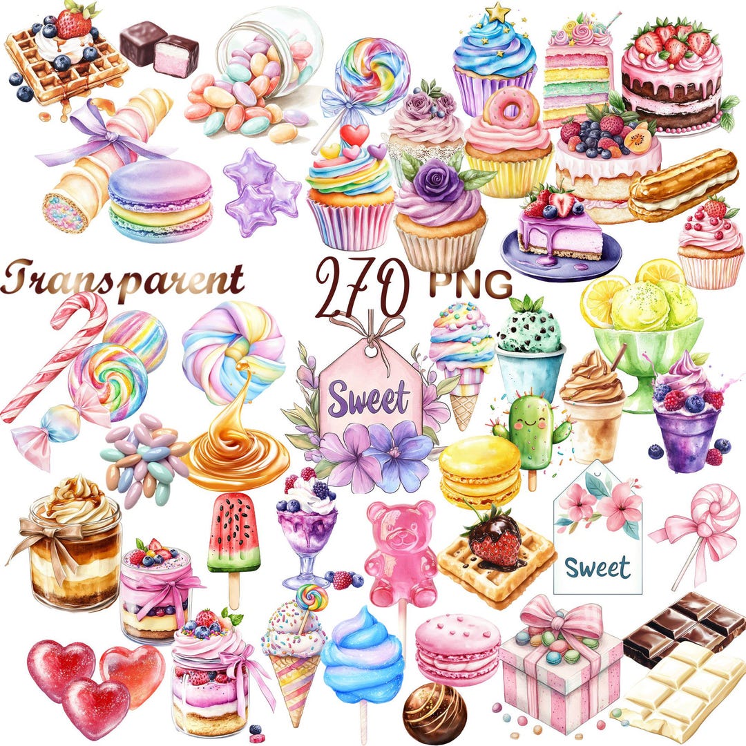 Watercolor Dessert Clipart: Pastel Sweets Bundle (270 Pngs) (digital ...