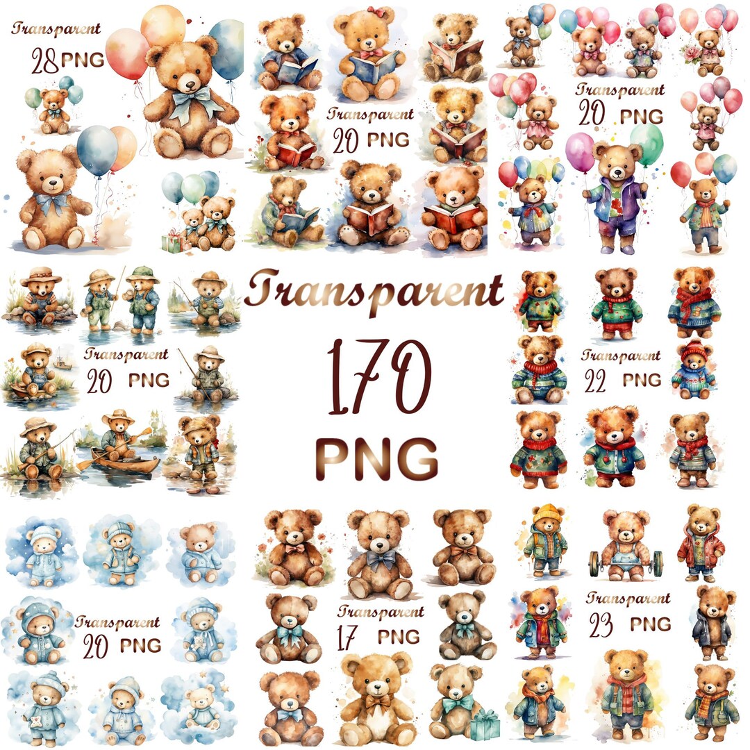170 Teddy Bear Bundle PNG Watercolor, Commercial Use,digital Paper ...