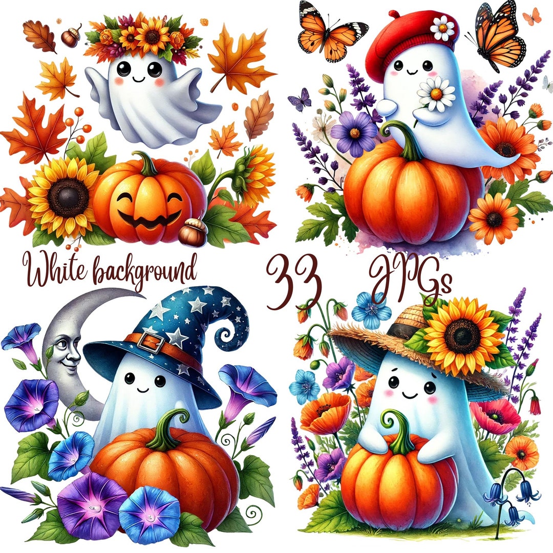 33 JPG, Watercolor Cute Ghost Clipart Bundle, Halloween Clipart Bundle ...