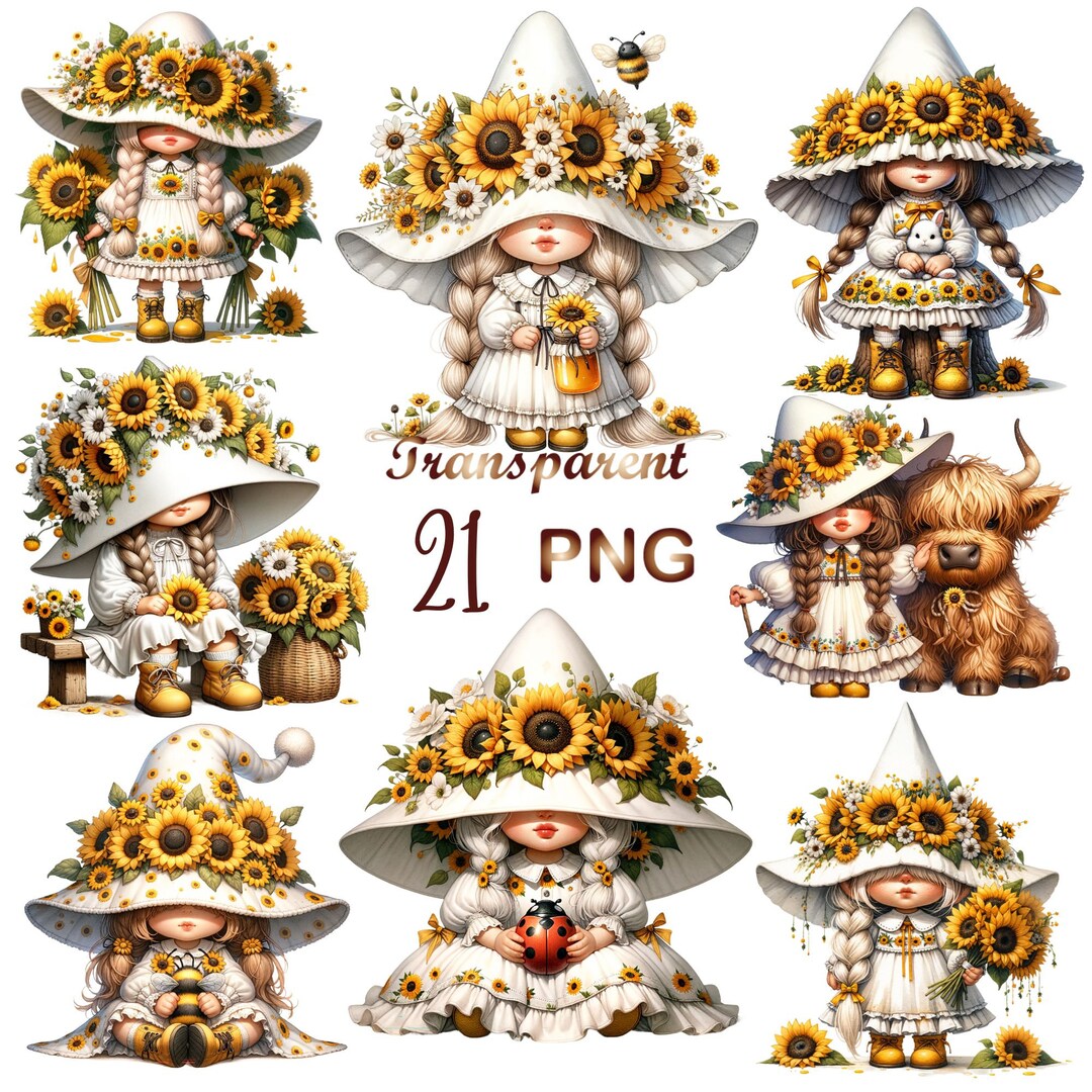 21 PNG, Watercolor Sunflower Gnome Girl Clipart,garden Gnome Clipart ...