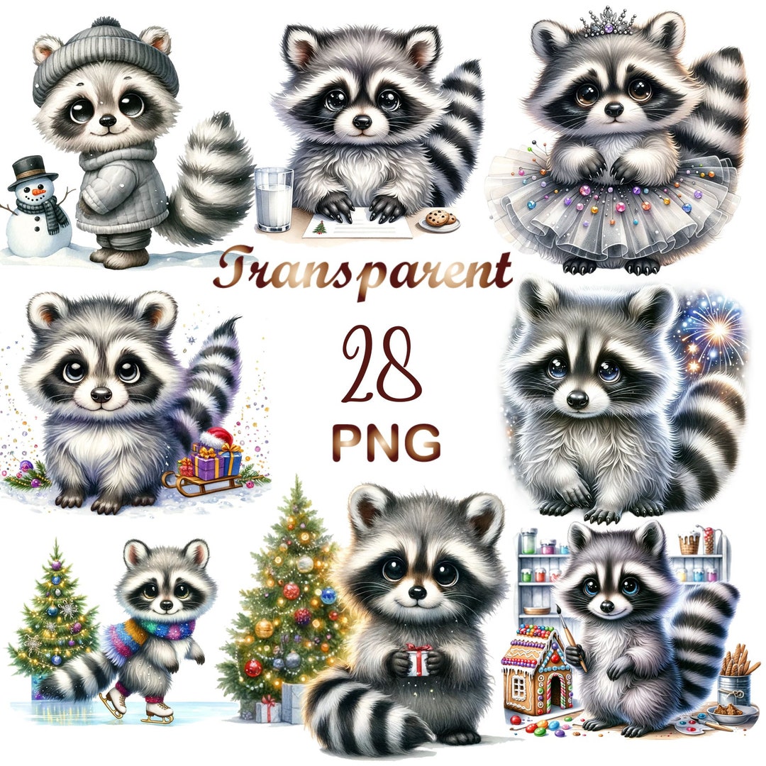 28 PNG, Winter Raccoon Clipart Bundle, Raccoon Clipart, Happy Christmas ...