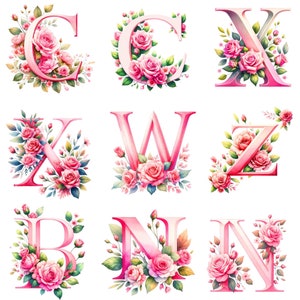 47 PNG, Watercolor Bright Pink Floral Alphabet Collection Clipart, Pink ...