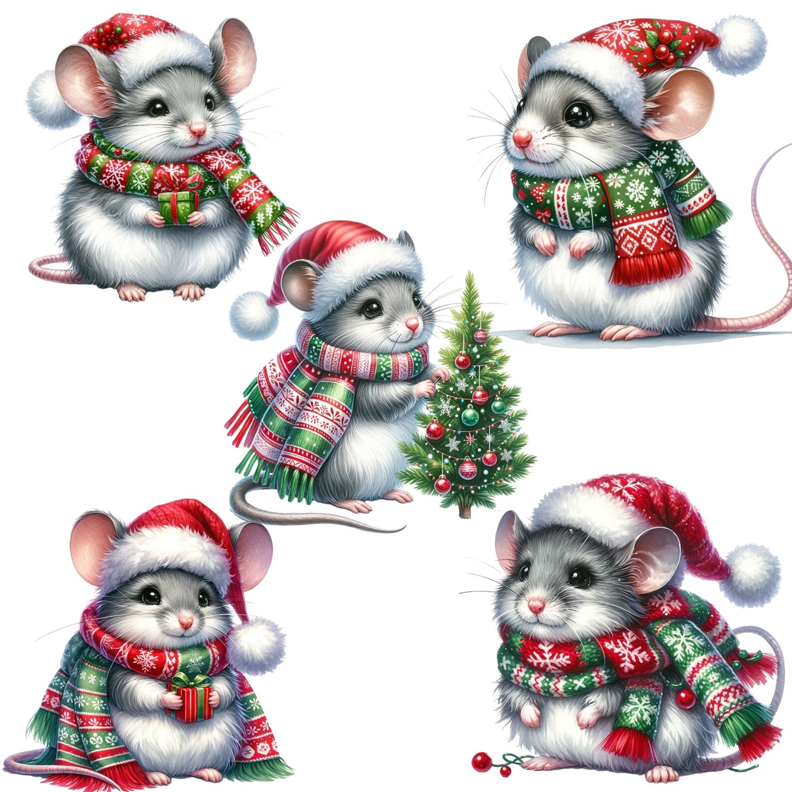 20 PNG, Christmas Mouse Clipart, Set 2, Xmas Mouse Png, Mouse Clipart ...