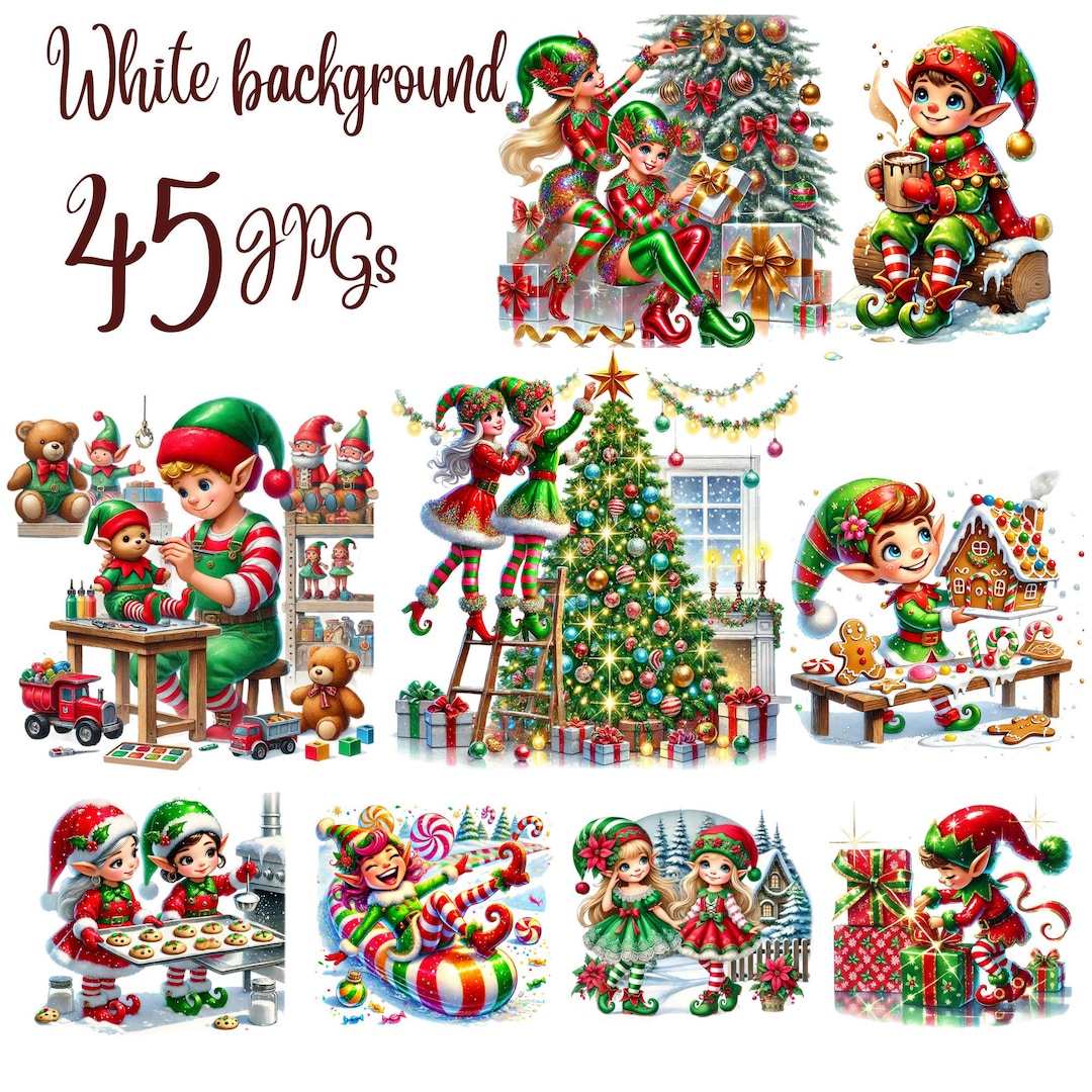 45 JPG, Christmas Elves Clipart Bundle, Cute Christmas Elves, Festive ...