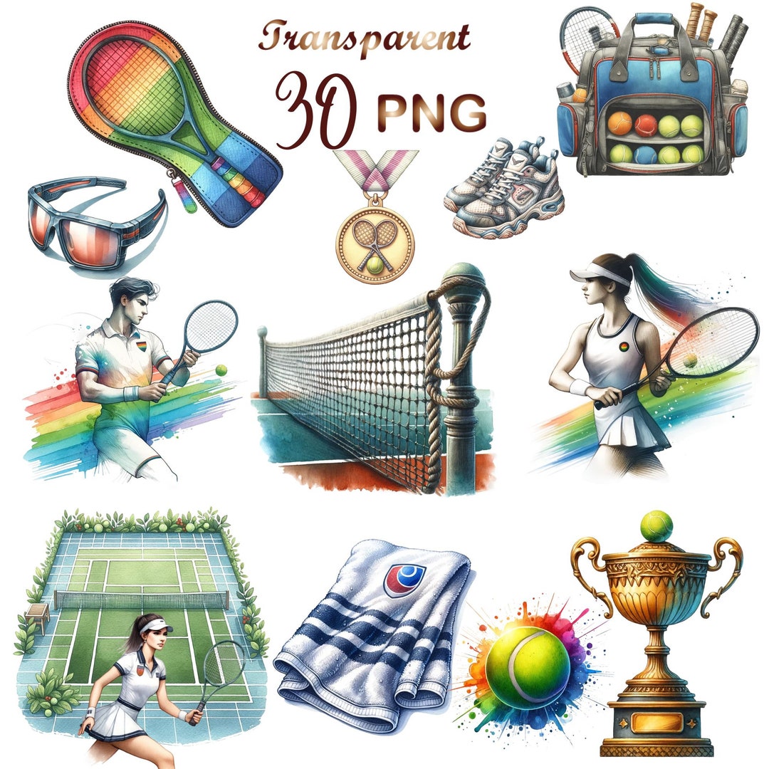 30 PNG, Watercolor Sports Clipart Bundle, Watercolor Sports Tennis ...