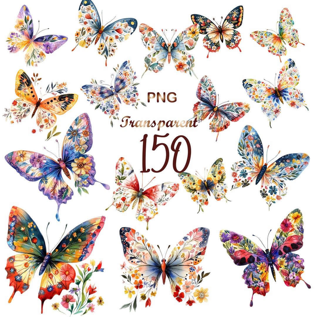 Watercolor Butterflies Clipart, 150 PNG Boho Butterfly Clipart: PNG ...