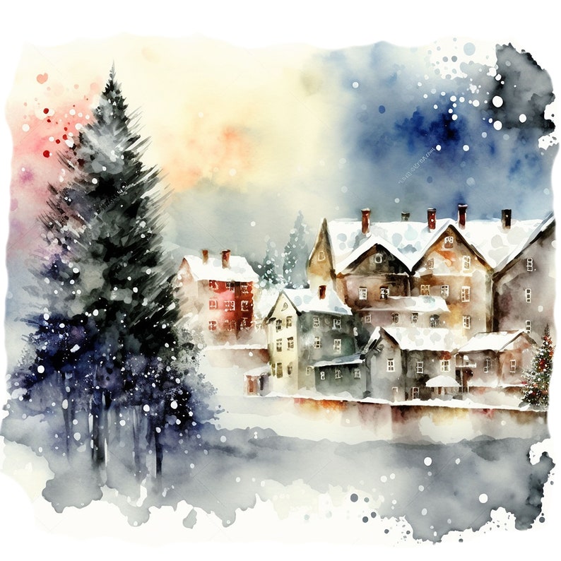 Watercolor Christmas Village Clipart: Winter Holiday Scenes (jpgs ...