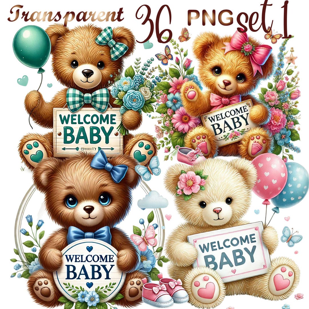 Welcome Baby Teddy Bear Clipart: Newborn Illustrations (PNG Digital ...