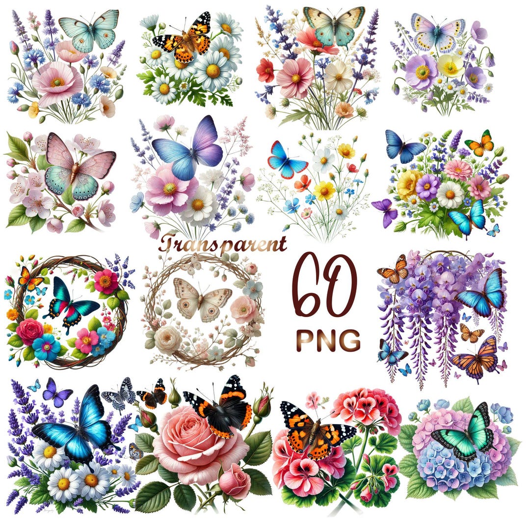 60 PNG Butterfly Gardens Clipart Bundle, Butterfly Wildflowers Art ...