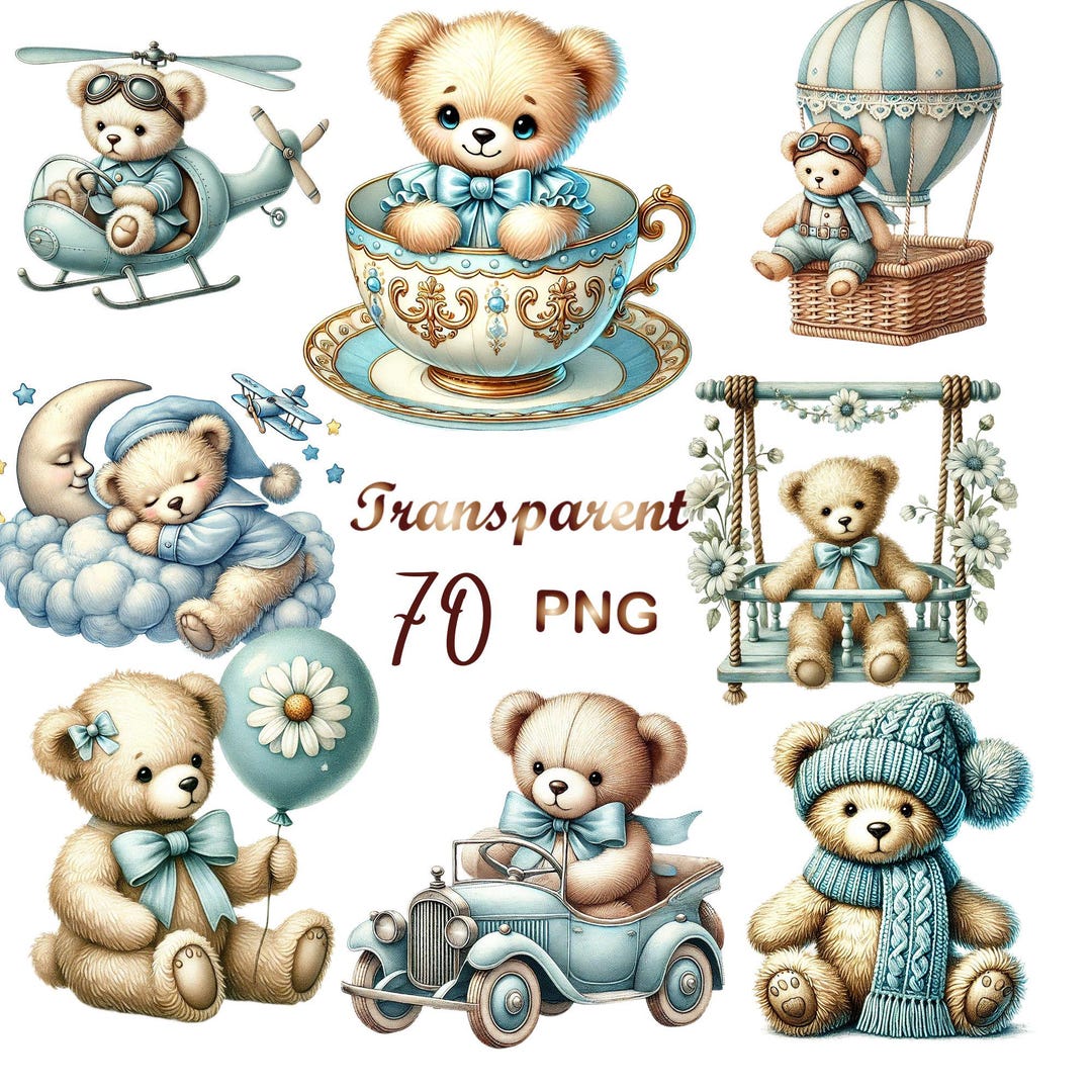 70 Blue Teddy Bear Clipart PNG | Vintage Baby Bear Graphics Bundle ...