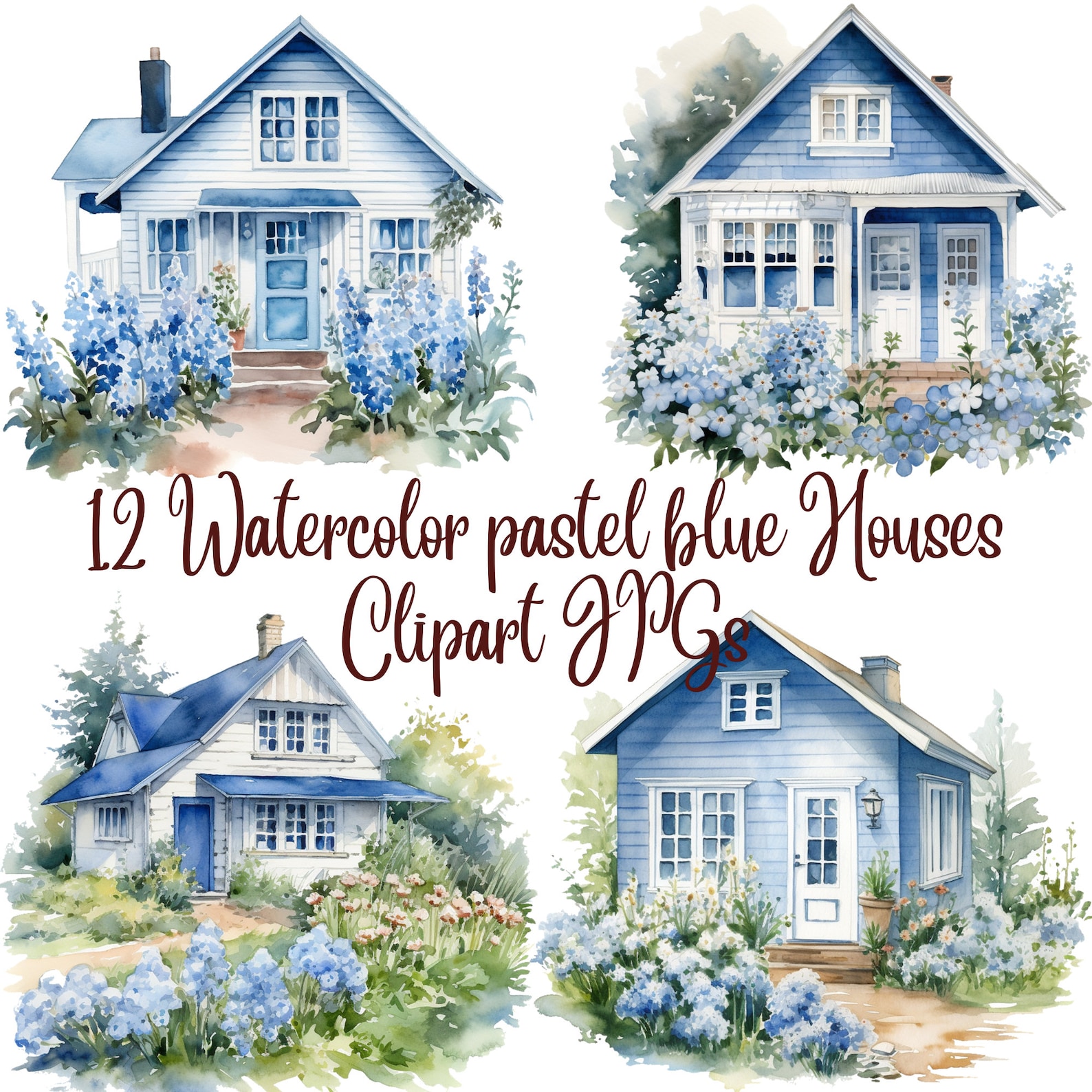 12 Watercolor Pastel Blue Houses Clipart Jpgs, Copy, Digital Planner ...